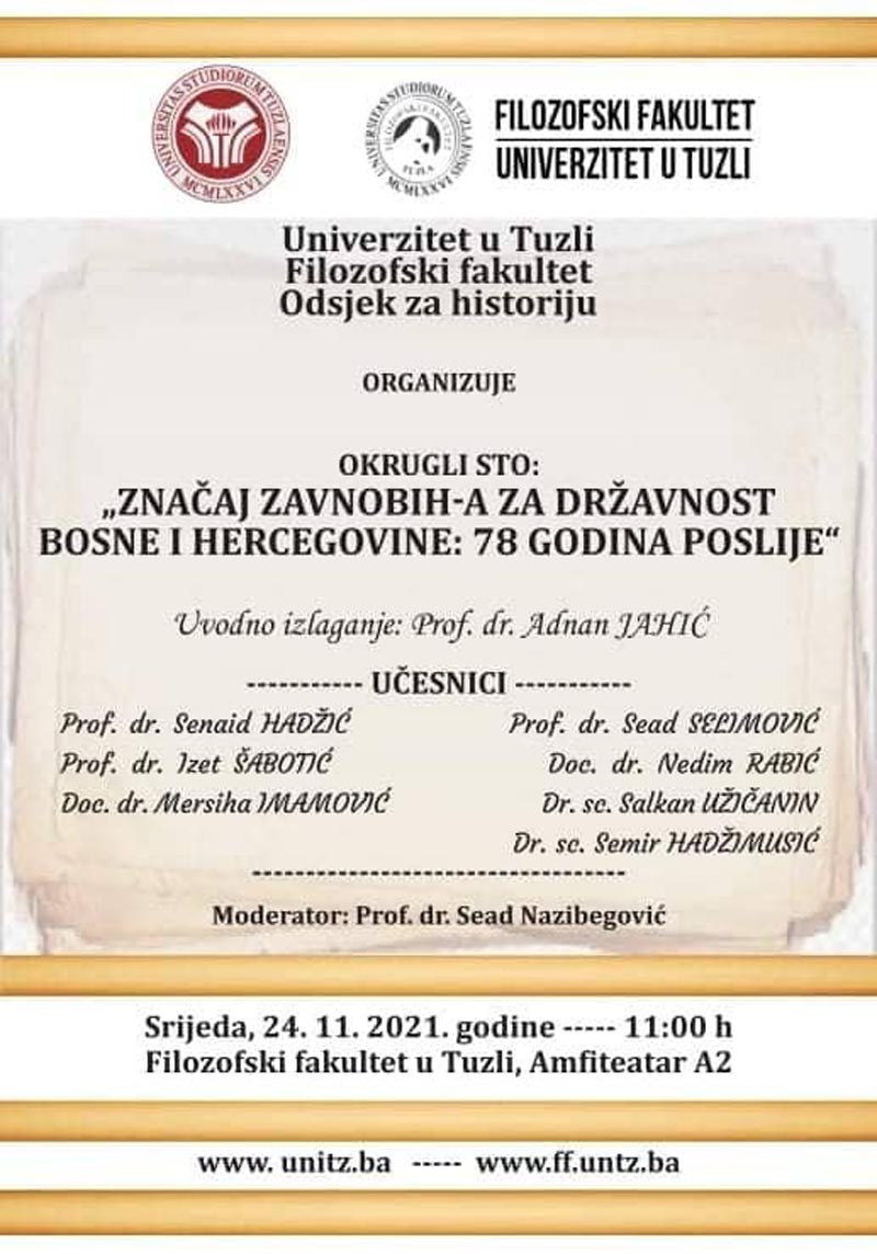 Okrugli sto „Značaj ZAVNOBiH-a za državnost Bosne i Hercegovine: 78 godina poslije ...